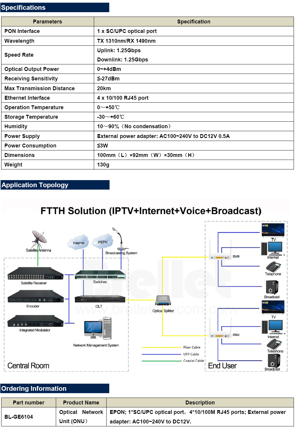 BL-GE6104 4FE EPON ONU_Brellet Telecom - FTTx FTTH Fiber Optic Solutions and Products Provider