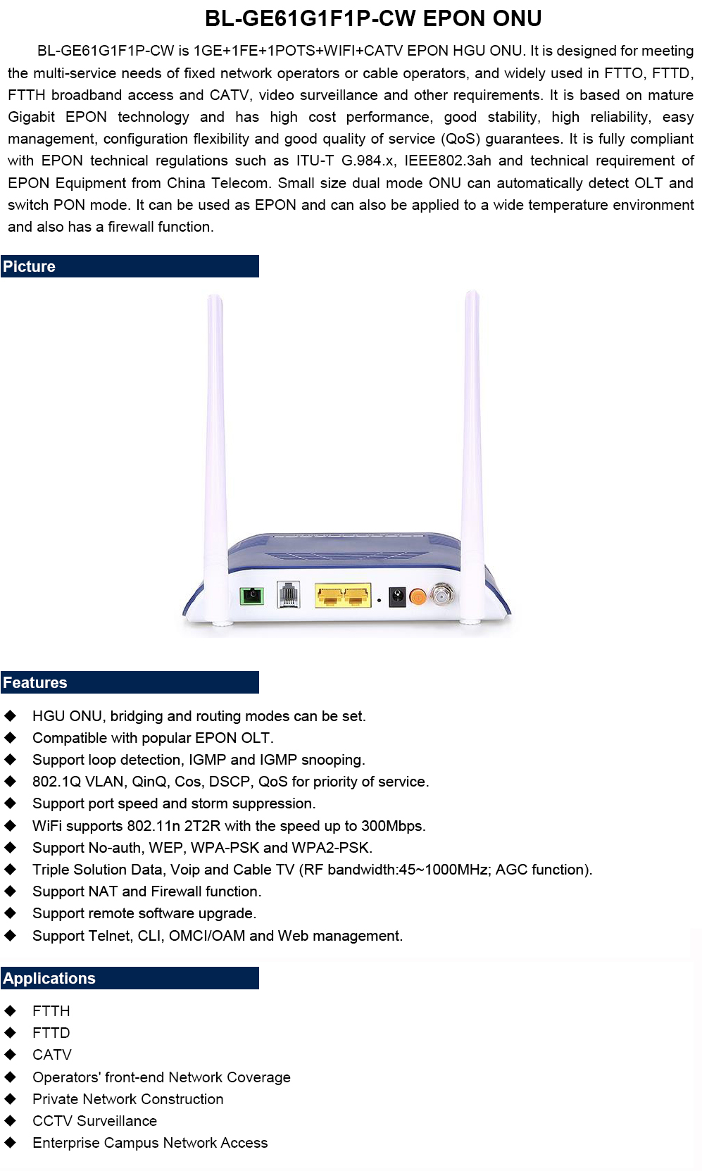 BL-GE61G1F1P-CW 1GE+1FE+1POTS+CATV+WIFI EPON ONU_Brellet Telecom - FTTx FTTH Fiber Optic ...