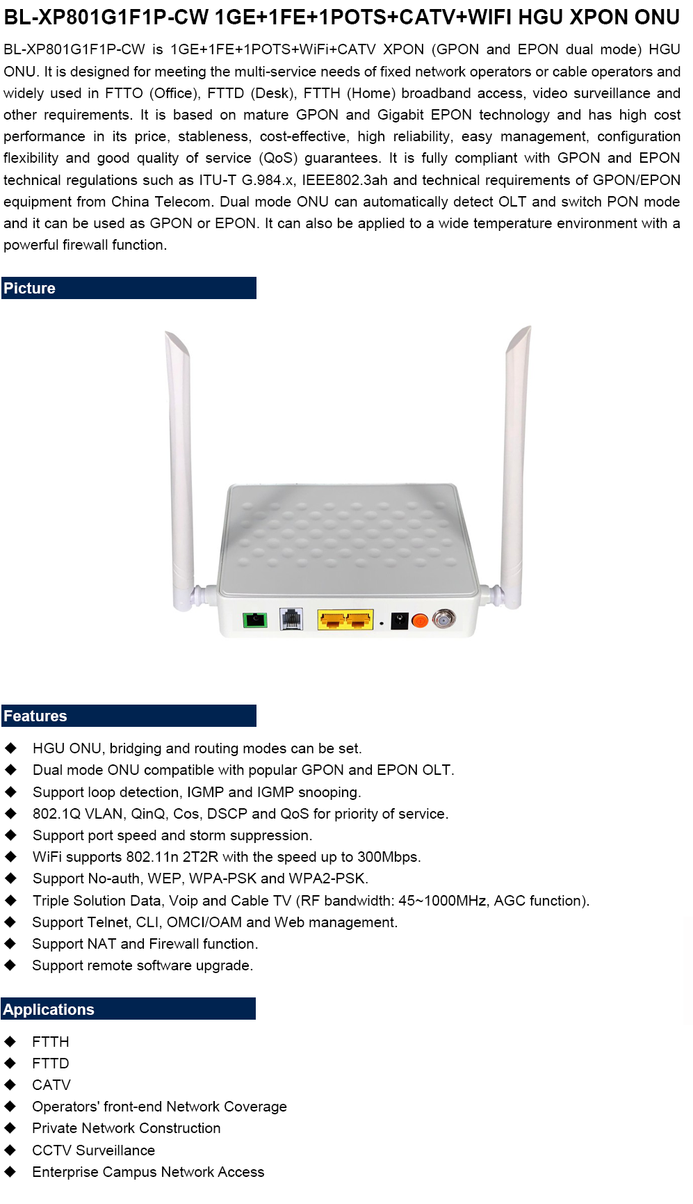 1GE+1FE+1POTS+CATV+WIFI HGU XPON ONU_Brellet Telecom - FTTx FTTH Fiber Optic Solutions and ...