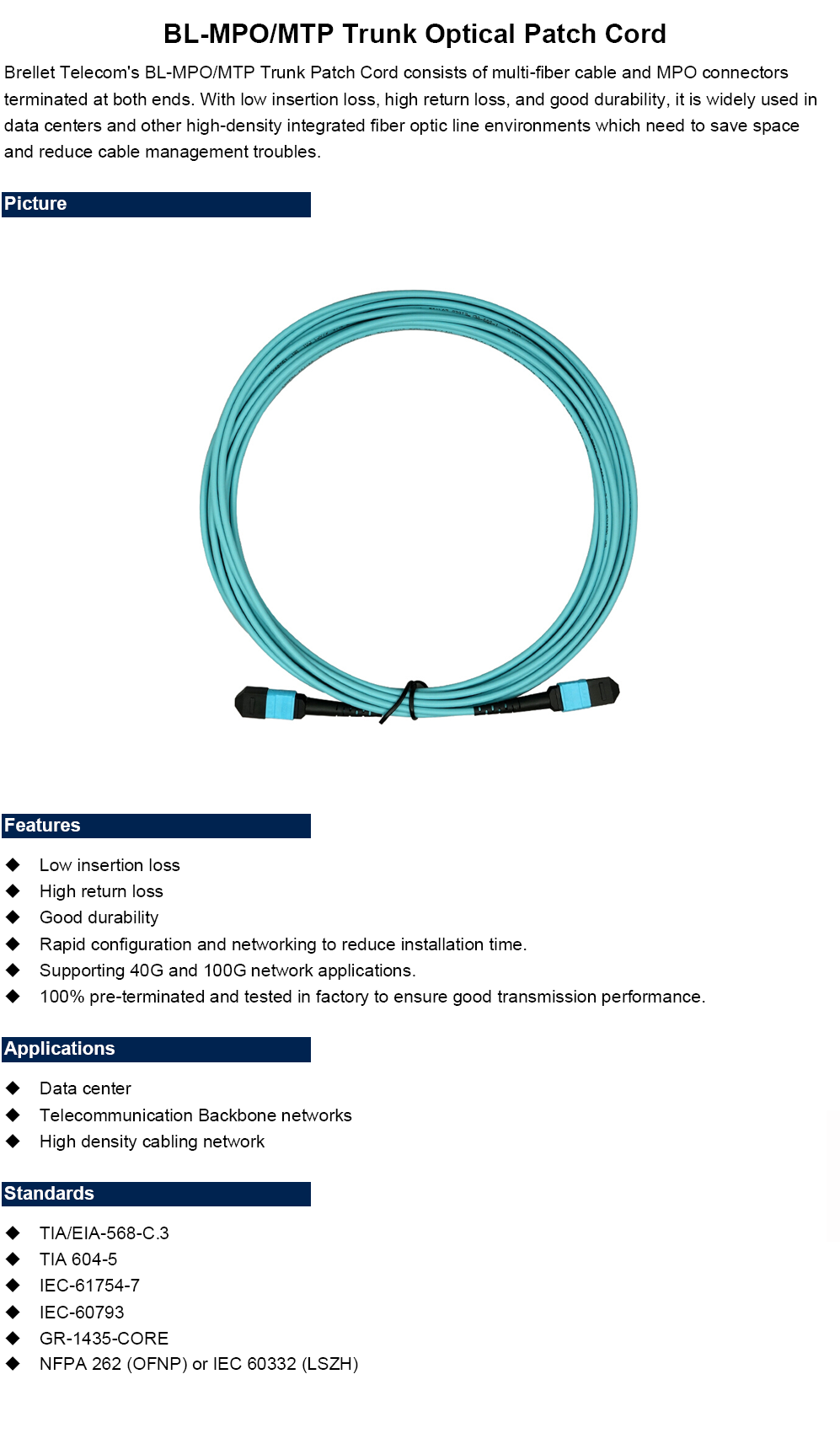 MPO/MTP Trunk Optical Patch Cord_Brellet Telecom - FTTx FTTH Fiber Optic Solutions and Products ...